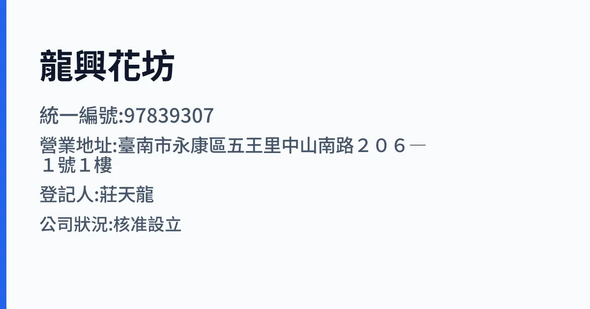 龍興花坊 - 統編 97839307(臺南市) 公司登記資料與營業項目詳細圖表