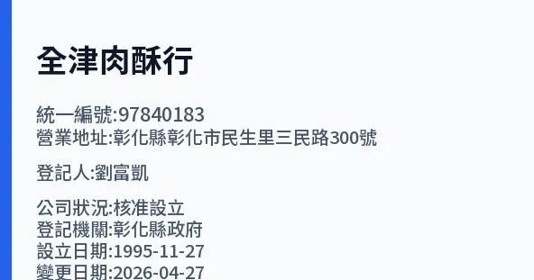 全津肉酥行的照片-統編 97840183(彰化縣) 公司登記資料與營業項目詳細圖表