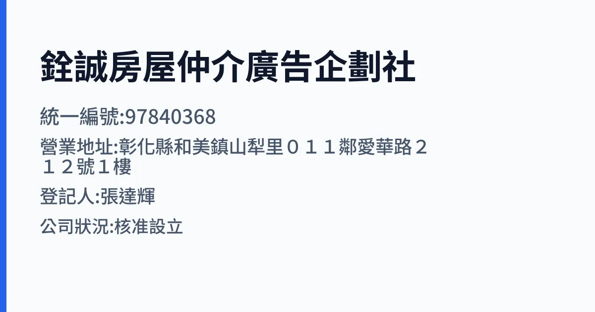 銓誠房屋仲介廣告企劃社 - 統編 97840368（彰化縣） 公司登記資料與營業項目詳細圖表