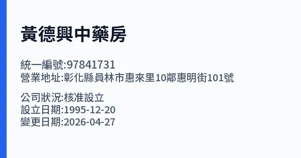 黃德興中藥房的照片-統編 97841731(彰化縣) 公司登記資料與營業項目詳細圖表