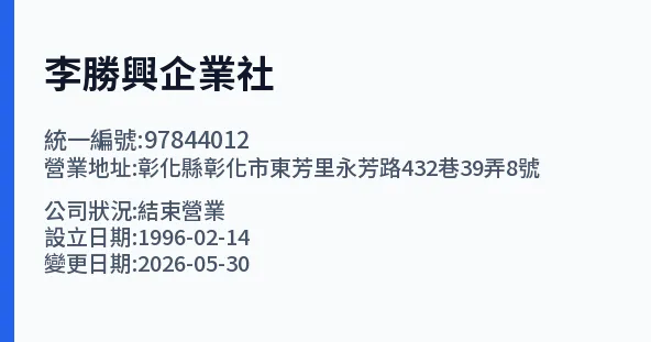 李勝興企業社的照片-統編 97844012(彰化縣) 公司登記資料與營業項目詳細圖表