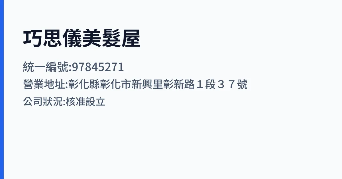 巧思儀美髮屋 - 統編 97845271(彰化縣) 公司登記資料與營業項目詳細圖表