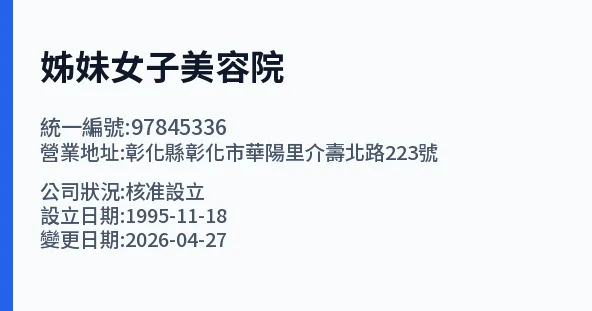 姊妹女子美容院的照片-統編 97845336(彰化縣) 公司登記資料與營業項目詳細圖表