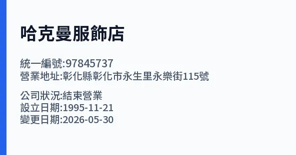 哈克曼服飾店的照片-統編 97845737(彰化縣) 公司登記資料與營業項目詳細圖表