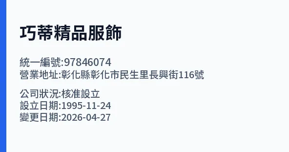 巧蒂精品服飾的照片-統編 97846074(彰化縣) 公司登記資料與營業項目詳細圖表