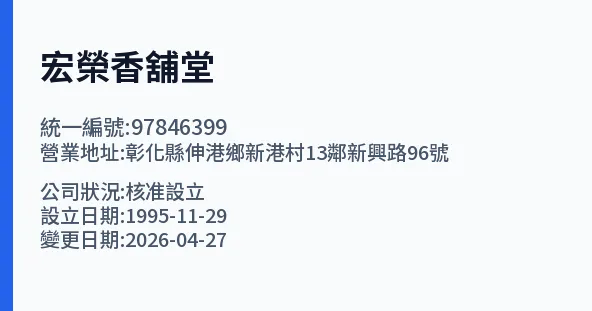 宏榮香舖堂的照片-統編 97846399(彰化縣) 公司登記資料與營業項目詳細圖表