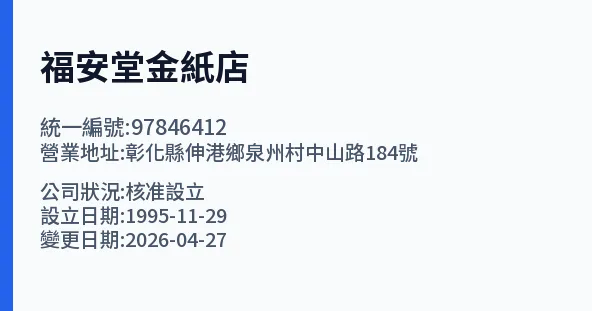 福安堂金紙店的照片-統編 97846412(彰化縣) 公司登記資料與營業項目詳細圖表