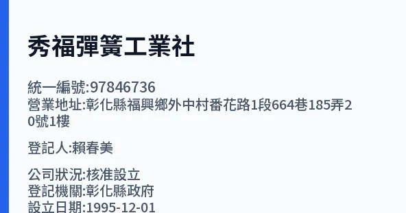 秀福彈簧工業社的照片-統編 97846736(彰化縣) 公司登記資料與營業項目詳細圖表