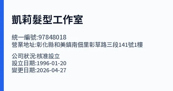 凱莉髮型工作室的照片-統編 97848018(彰化縣) 公司登記資料與營業項目詳細圖表