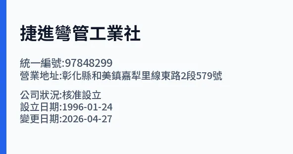 捷進彎管工業社的照片-統編 97848299(彰化縣) 公司登記資料與營業項目詳細圖表
