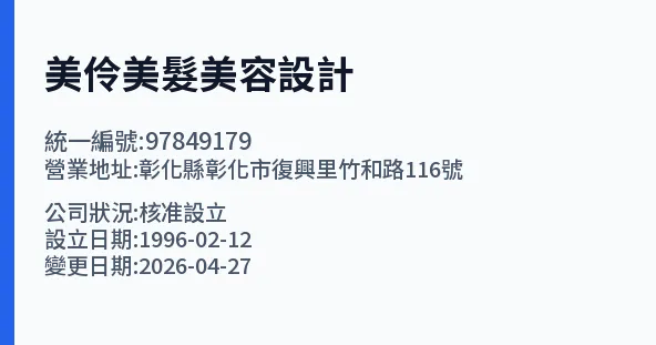 美伶美髮美容設計的照片-統編 97849179(彰化縣) 公司登記資料與營業項目詳細圖表