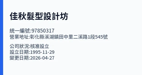 佳秋髮型設計坊的照片-統編 97850317(彰化縣) 公司登記資料與營業項目詳細圖表