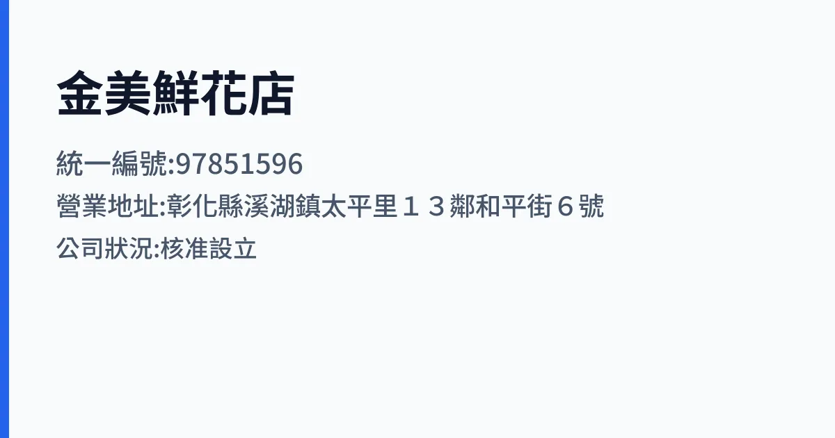 金美鮮花店 - 統編 97851596(彰化縣) 公司登記資料與營業項目詳細圖表