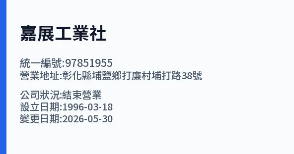 嘉展工業社的照片-統編 97851955(彰化縣) 公司登記資料與營業項目詳細圖表