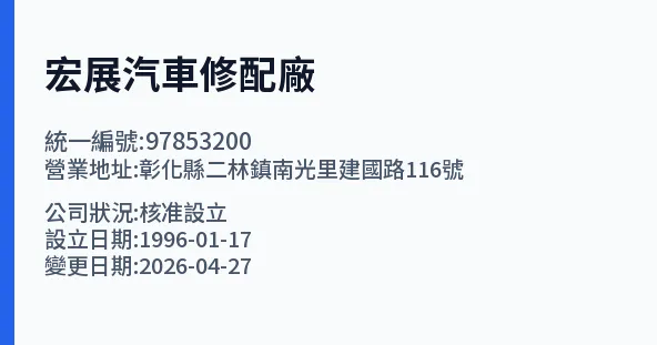 宏展汽車修配廠的照片-統編 97853200(彰化縣) 公司登記資料與營業項目詳細圖表