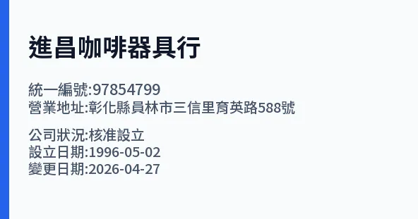 進昌咖啡器具行的照片-統編 97854799(彰化縣) 公司登記資料與營業項目詳細圖表