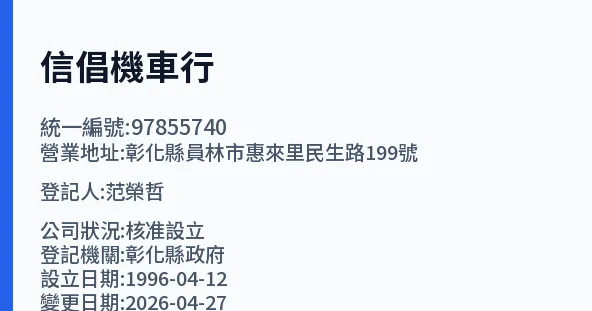 信倡機車行的照片-統編 97855740(彰化縣) 公司登記資料與營業項目詳細圖表