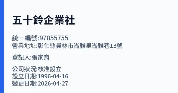 五十鈴企業社的照片-統編 97855755(彰化縣) 公司登記資料與營業項目詳細圖表