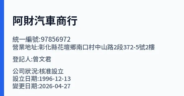 阿財汽車商行的照片-統編 97856972(彰化縣) 公司登記資料與營業項目詳細圖表