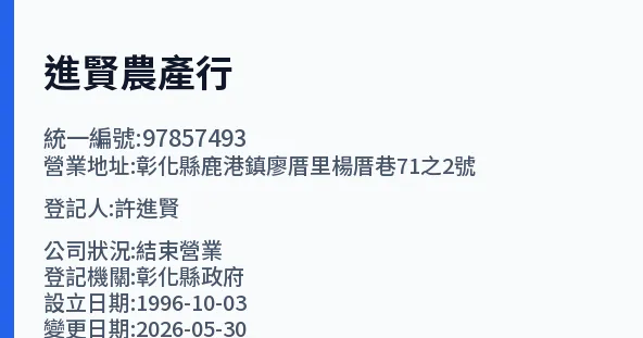 進賢農產行的照片-統編 97857493(彰化縣) 公司登記資料與營業項目詳細圖表