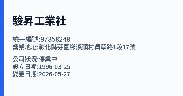 駿昇工業社的照片-統編 97858248(彰化縣) 公司登記資料與營業項目詳細圖表