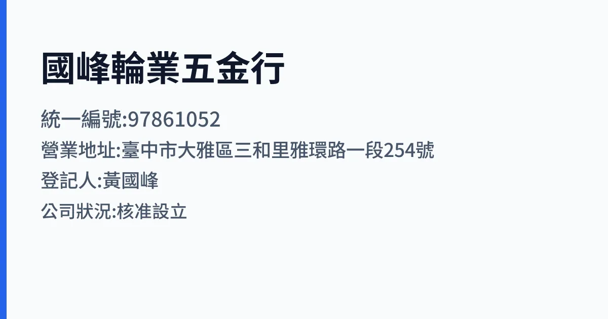 國峰輪業五金行 - 統編 97861052(臺中市) 公司登記資料與營業項目詳細圖表
