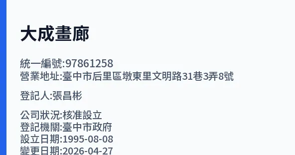 大成畫廊的照片-統編 97861258(臺中市) 公司登記資料與營業項目詳細圖表