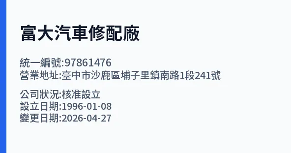 富大汽車修配廠的照片-統編 97861476(臺中市) 公司登記資料與營業項目詳細圖表