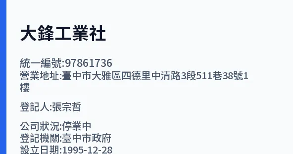 大鋒工業社的照片-統編 97861736(臺中市) 公司登記資料與營業項目詳細圖表