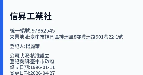 信昇工業社的照片-統編 97862545(臺中市) 公司登記資料與營業項目詳細圖表