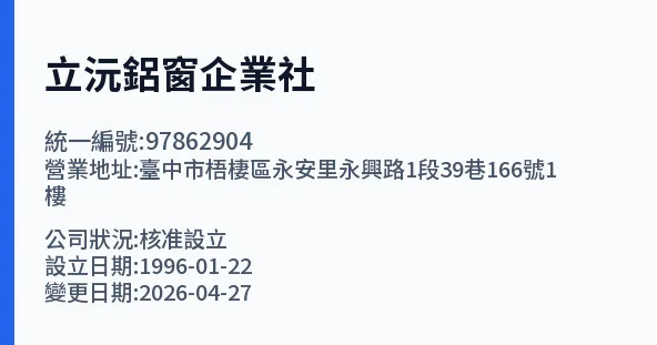 立沅鋁窗企業社的照片-統編 97862904(臺中市) 公司登記資料與營業項目詳細圖表