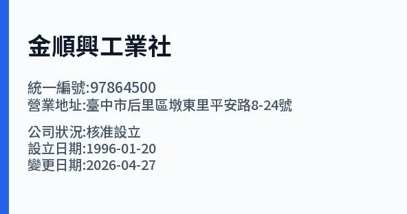 金順興工業社的照片-統編 97864500(臺中市) 公司登記資料與營業項目詳細圖表