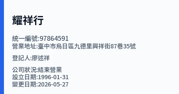 耀祥行的照片-統編 97864591(臺中市) 公司登記資料與營業項目詳細圖表