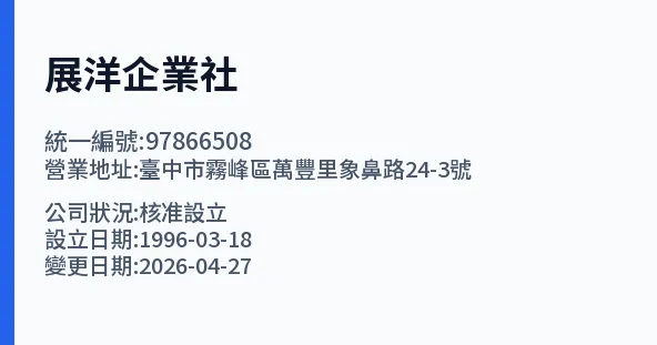 展洋企業社的照片-統編 97866508(臺中市) 公司登記資料與營業項目詳細圖表