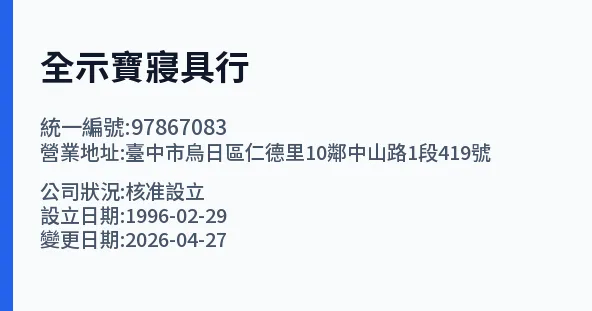 全示寶寢具行的照片-統編 97867083(臺中市) 公司登記資料與營業項目詳細圖表
