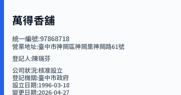萬得香舖的照片-統編 97868718(臺中市) 公司登記資料與營業項目詳細圖表