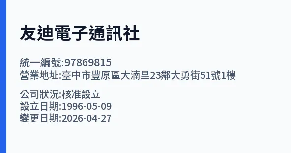 友迪電子通訊社的照片-統編 97869815(臺中市) 公司登記資料與營業項目詳細圖表