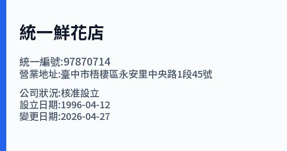 統一鮮花店的照片-統編 97870714(臺中市) 公司登記資料與營業項目詳細圖表