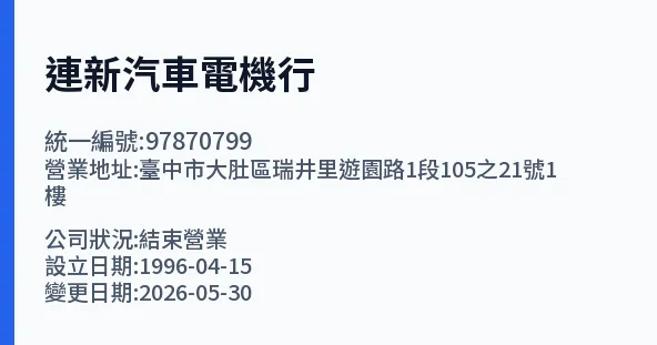 連新汽車電機行的照片-統編 97870799(臺中市) 公司登記資料與營業項目詳細圖表