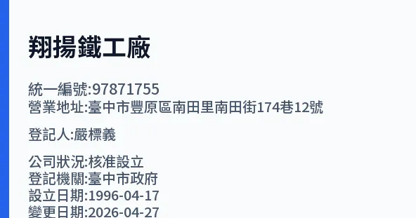 翔揚鐵工廠的照片-統編 97871755(臺中市) 公司登記資料與營業項目詳細圖表
