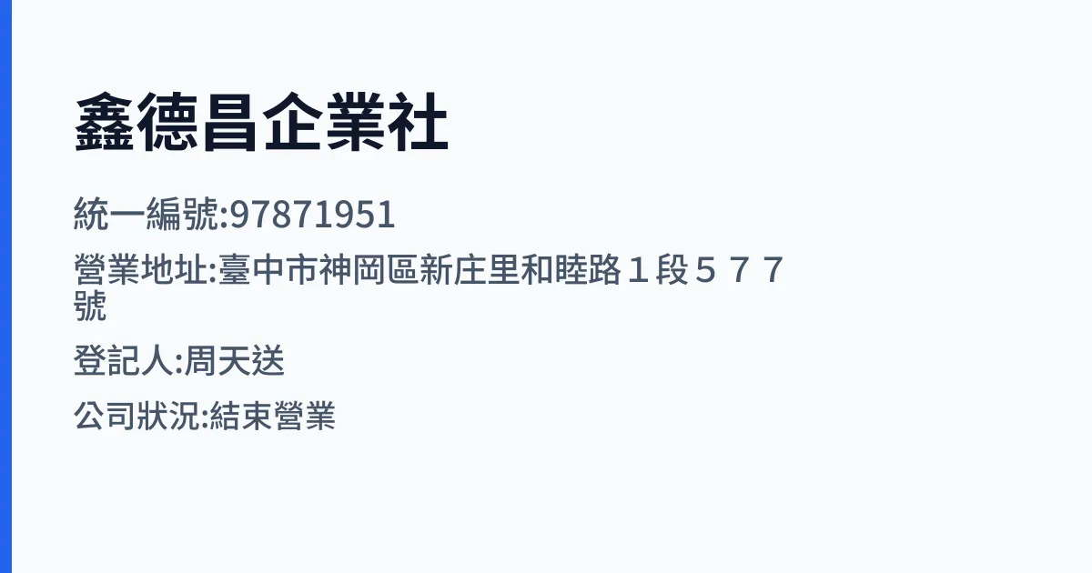 鑫德昌企業社 - 統編 97871951(臺中市) 公司登記資料與營業項目詳細圖表