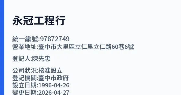 永冠工程行的照片-統編 97872749(臺中市) 公司登記資料與營業項目詳細圖表