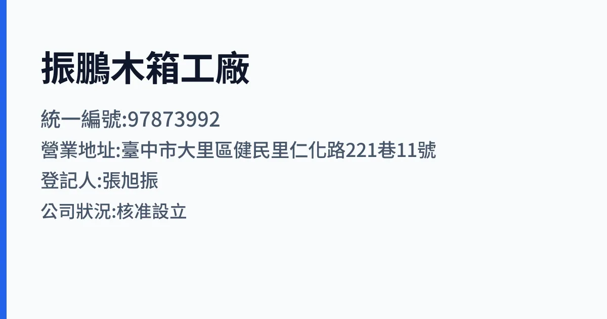 振鵬木箱工廠 - 統編 97873992（臺中市） 公司登記資料與營業項目詳細圖表