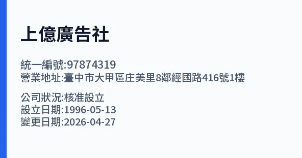 上億廣告社的照片-統編 97874319(臺中市) 公司登記資料與營業項目詳細圖表