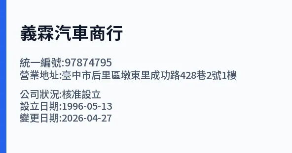 義霖汽車商行的照片-統編 97874795(臺中市) 公司登記資料與營業項目詳細圖表
