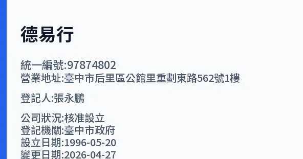 德易行的照片-統編 97874802(臺中市) 公司登記資料與營業項目詳細圖表