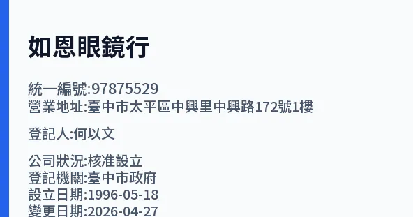 如恩眼鏡行的照片-統編 97875529(臺中市) 公司登記資料與營業項目詳細圖表