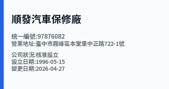順發汽車保修廠的照片-統編 97876082(臺中市) 公司登記資料與營業項目詳細圖表