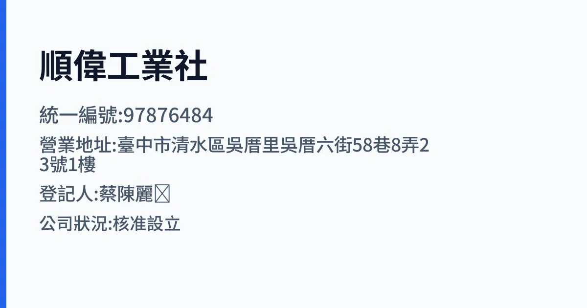 順偉工業社 - 統編 97876484(臺中市) 公司登記資料與營業項目詳細圖表