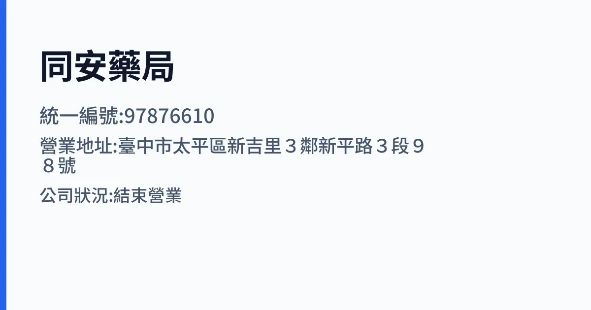 同安藥局 - 統編 97876610(臺中市) 公司登記資料與營業項目詳細圖表